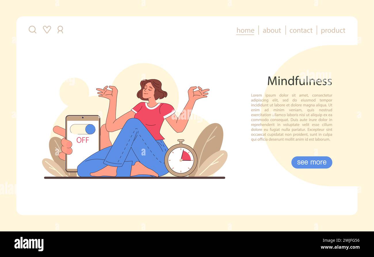 Digital detox web or landing set. Characters practicing mindfulness ...