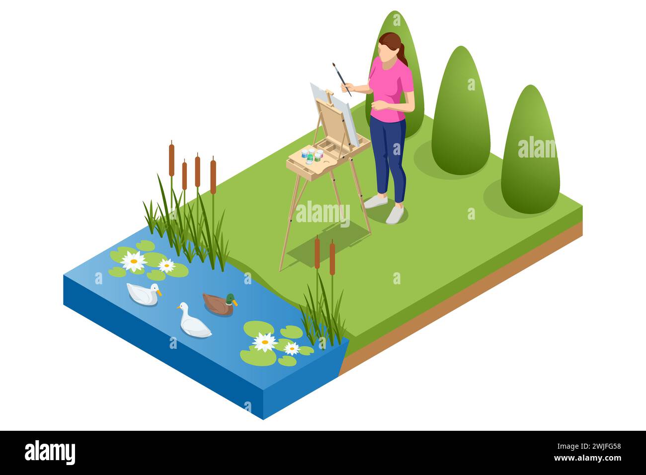 Isometric woman painting mountain landscape using easel. Painting ...