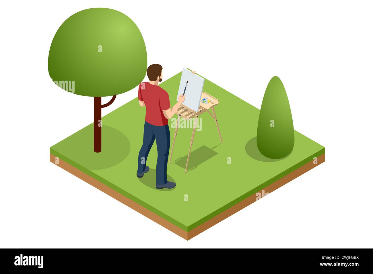 Isometric man painting mountain landscape using easel. Painting ...