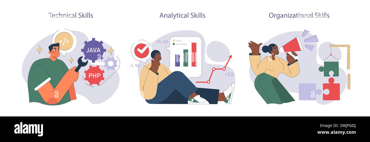 Soft skills set. Professionals in action, demonstrating technical ...