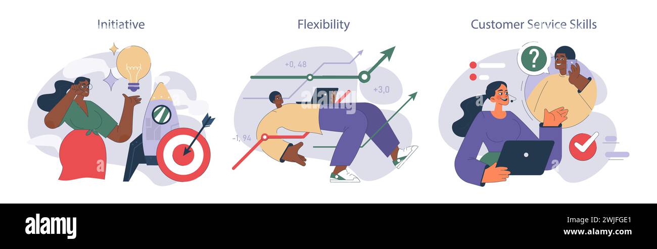 Soft skills set. Animated professionals exemplify initiative ...