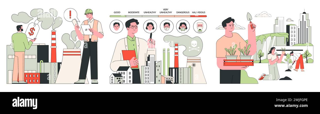 Air quality awareness set. Air quality index and pollution monitoring ...