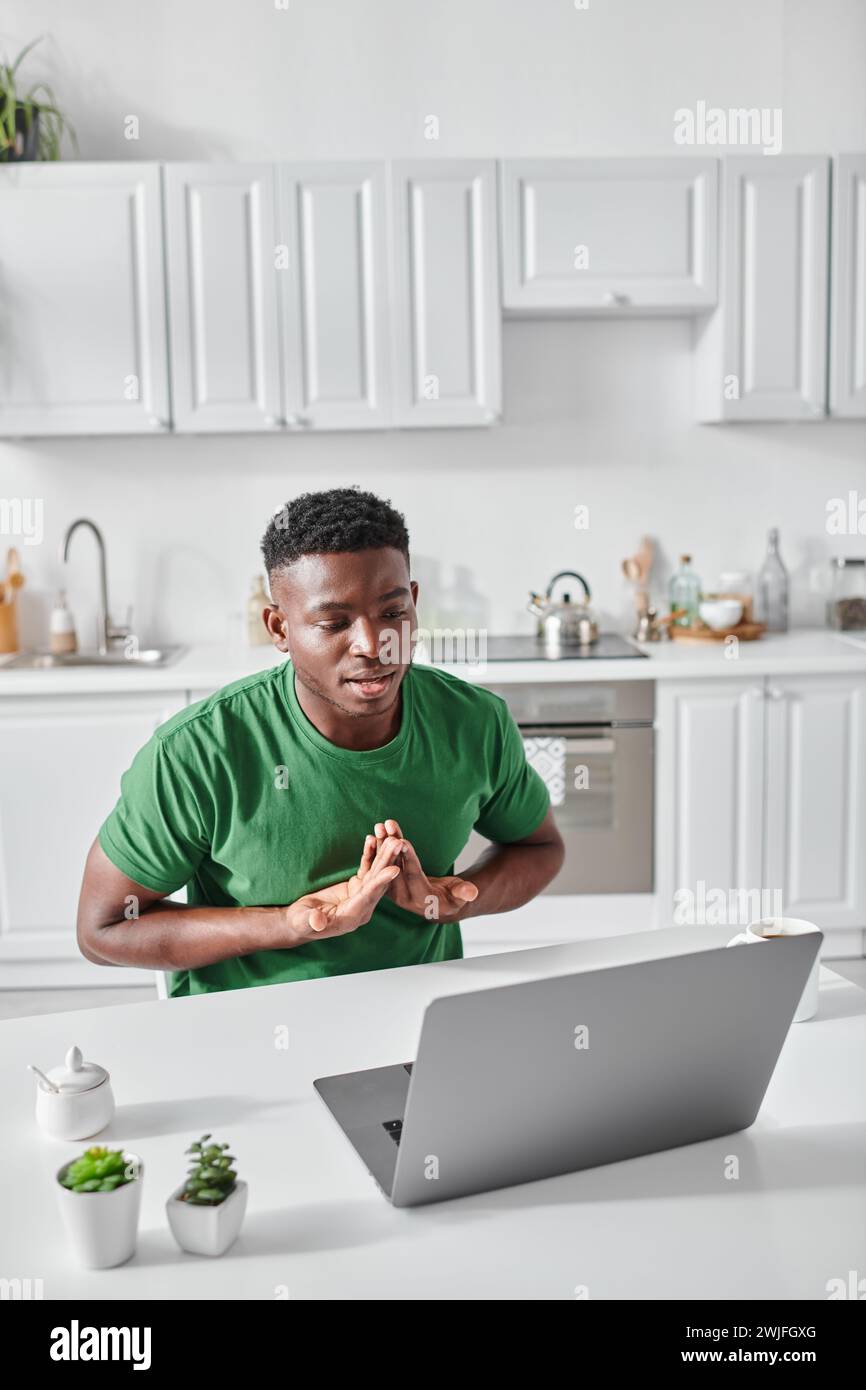deaf african american freelancer using sign language for communication ...