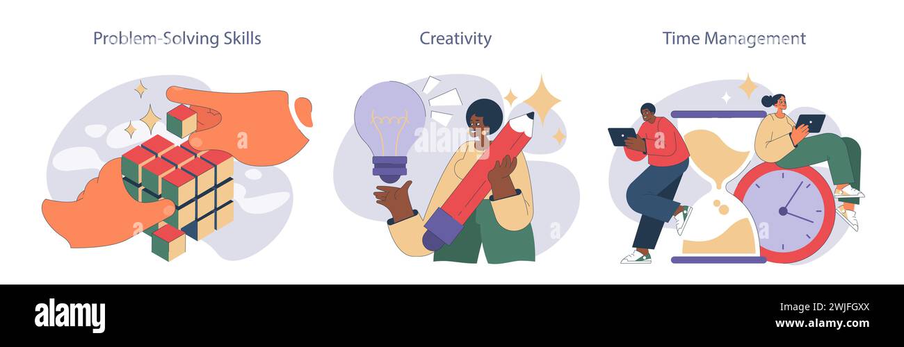 Soft skills set. A vibrant array of professionals showcasing problem ...