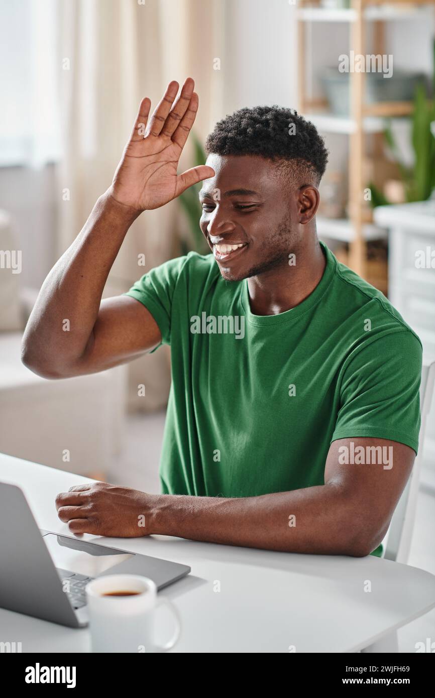 happy african american man communicating with sigh language during ...