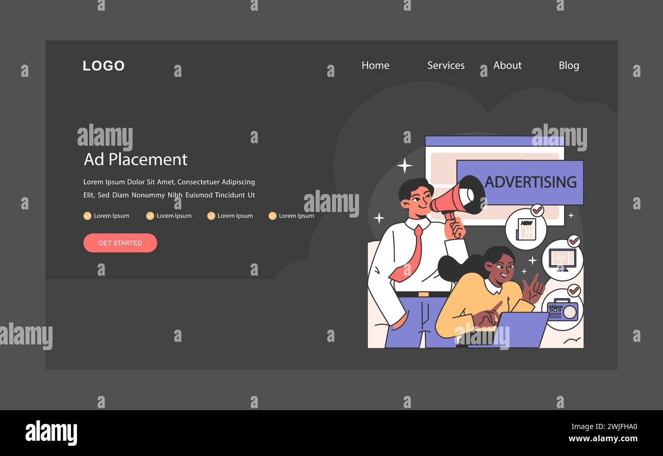 Ad placement process captured with marketers strategizing and executing advertising. Symbolizes ...