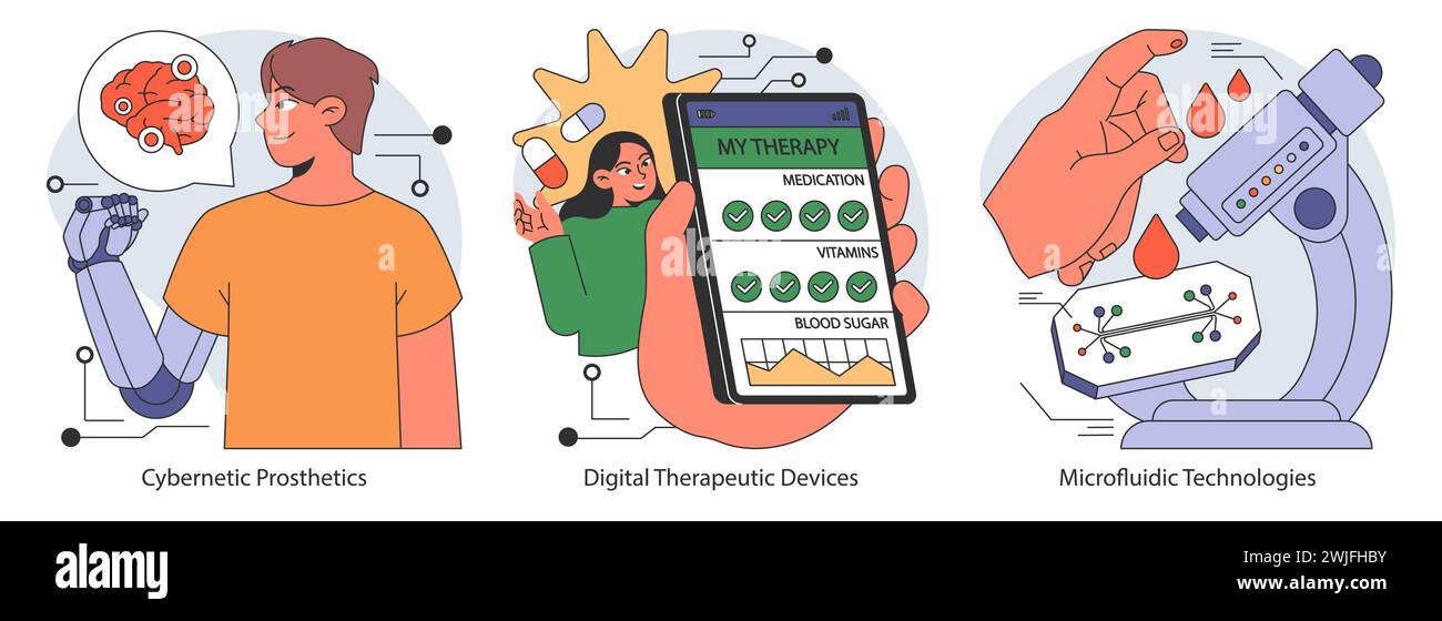 Healthcare innovation trio. Showcasing cybernetic prosthetics, digital ...