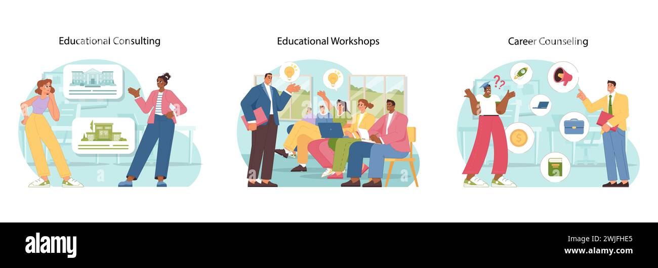 Academic support set. People of various ages using services like ...