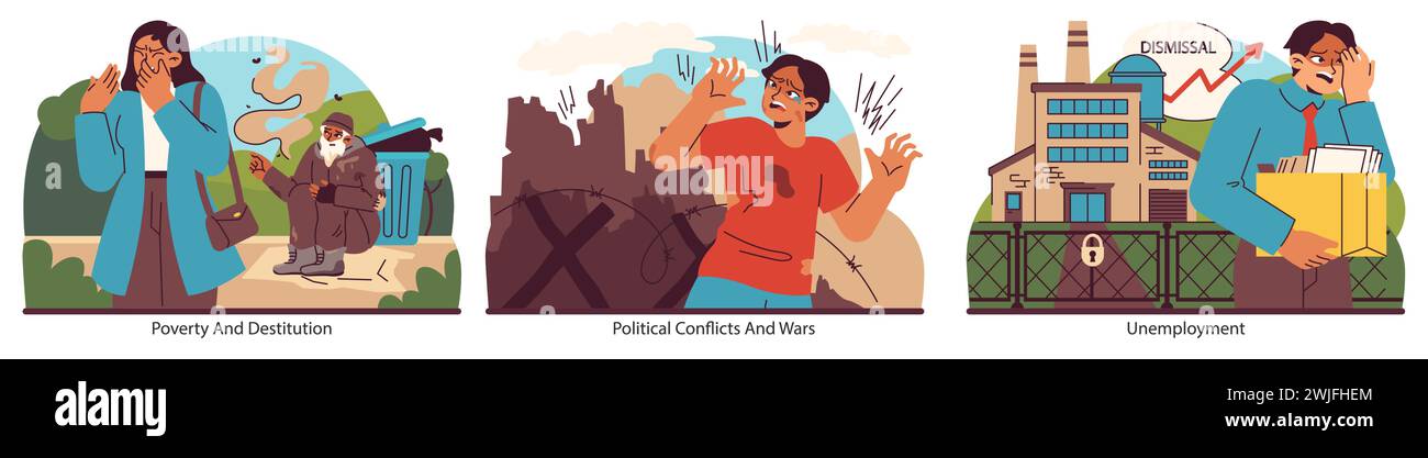 Social challenges set. Depictions of destitution, armed conflict, and ...