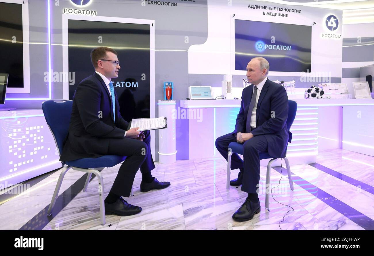Moscow, Russia. 15th Feb, 2024. Russian President Vladimir Putin is interviewed by Rossiya One ...