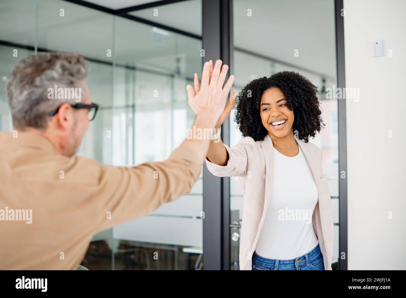 The colleagues exchange a high-five, their smiles reflecting a culture ...