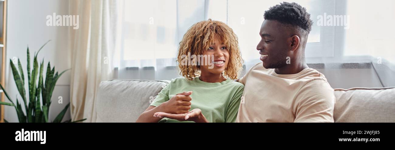 cozy conversation of happy african american couple using sign language ...