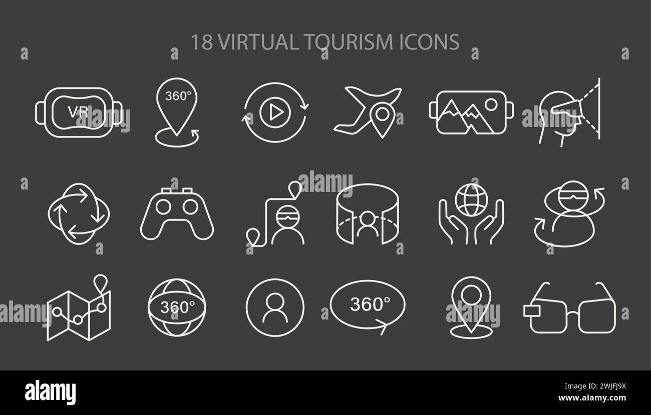 Comprehensive set of Virtual Tourism icons, capturing the essence of VR ...