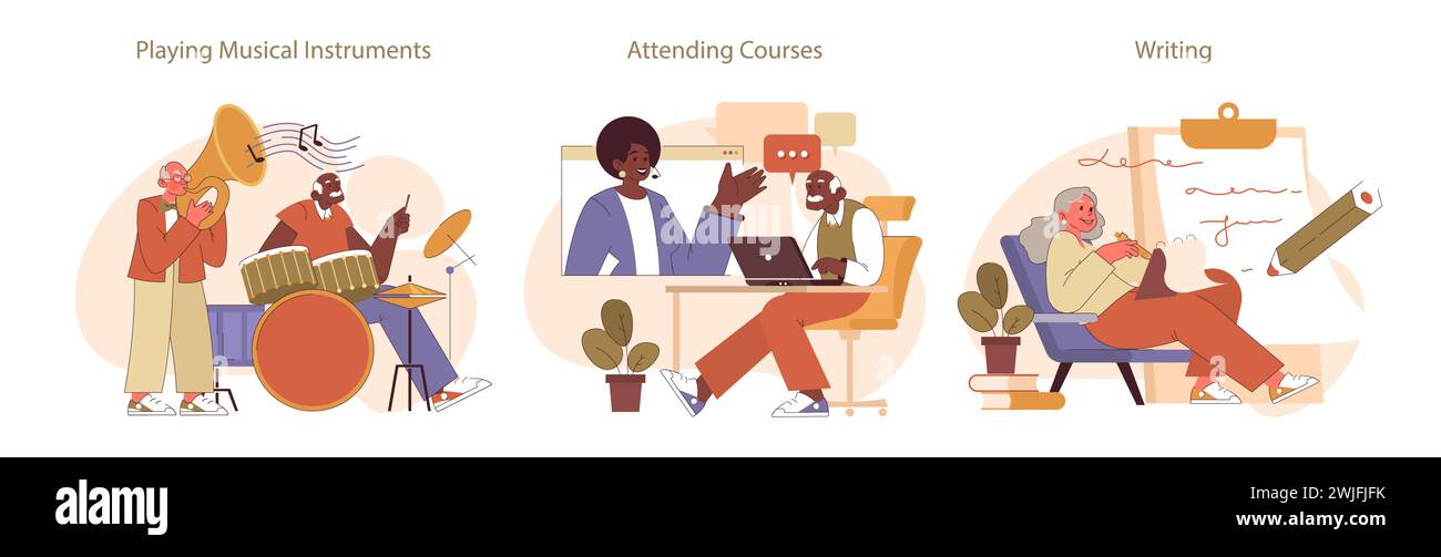 Retirees' Activities set. Illustration of seniors indulging in music ...