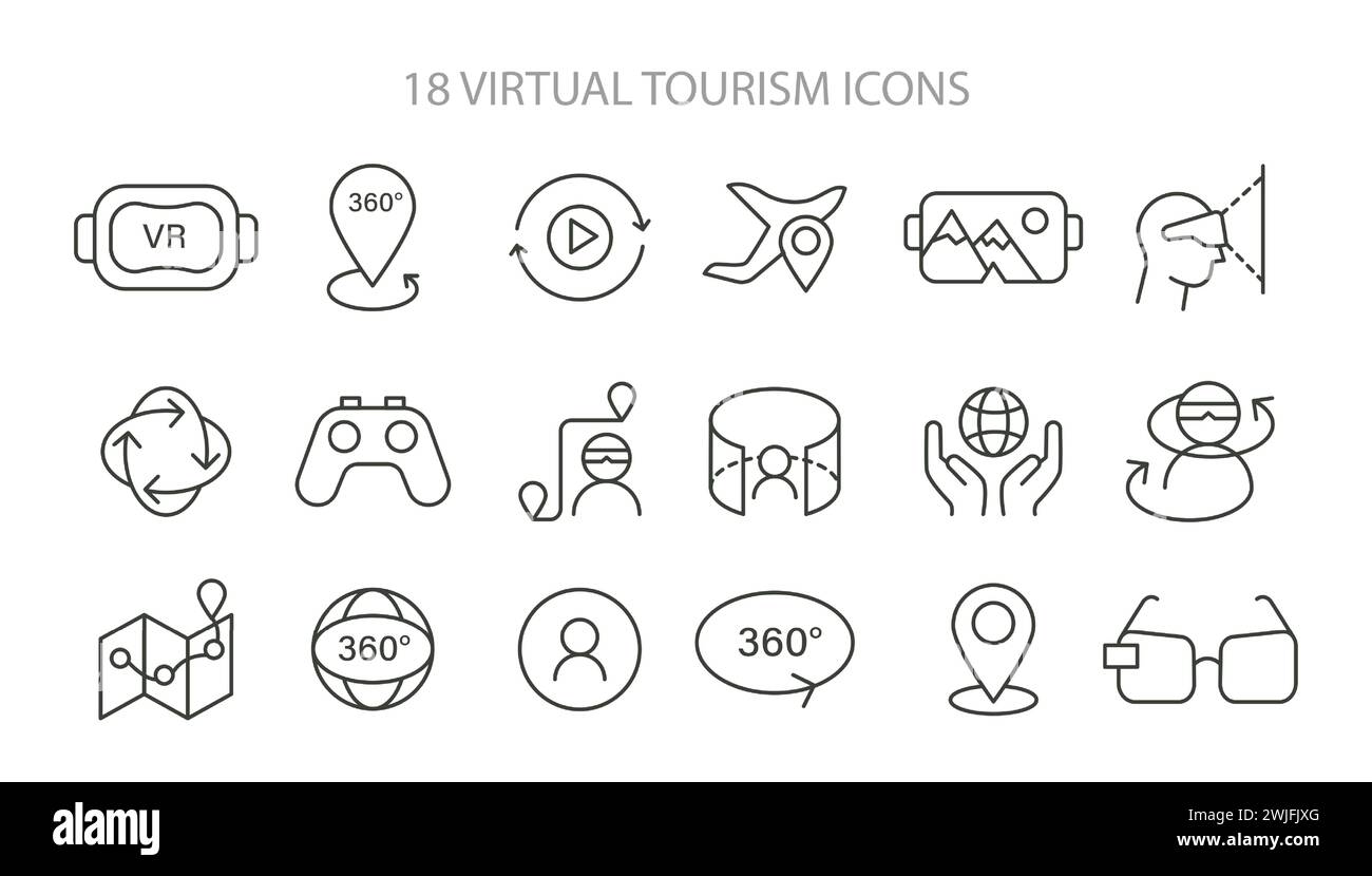 Comprehensive set of Virtual Tourism icons, capturing the essence of VR ...