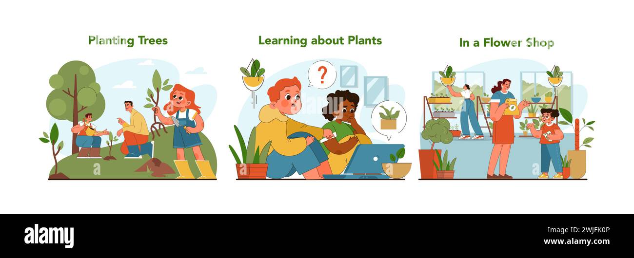 Educational plant activities set. Boys and girls exploring nature with ...