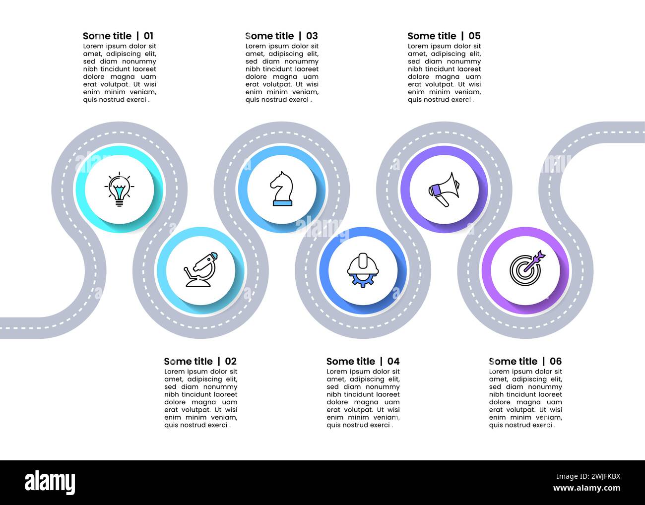 Infographic template with icons and 6 options or steps. Zigzag road ...