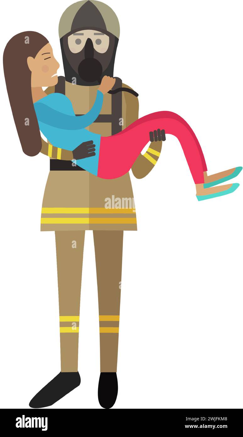 Firefighter saving life of woman vector icon isolated on white ...