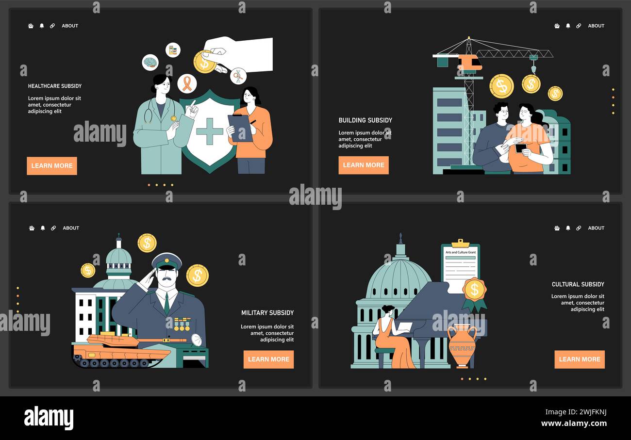 Government subsidy web or landing set. Diverse sectors including ...