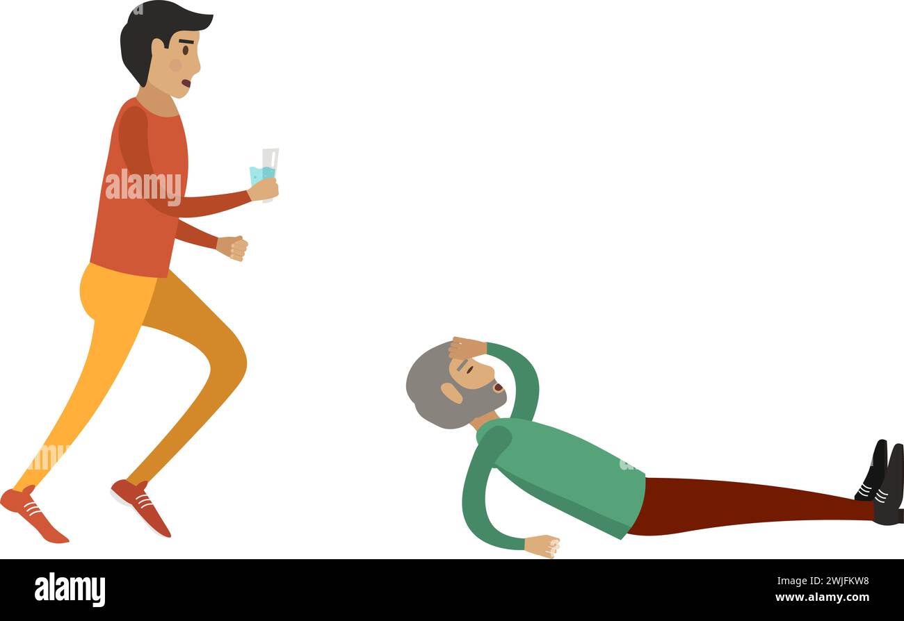 First aid for fallen elderly man vector icon isolated on white ...