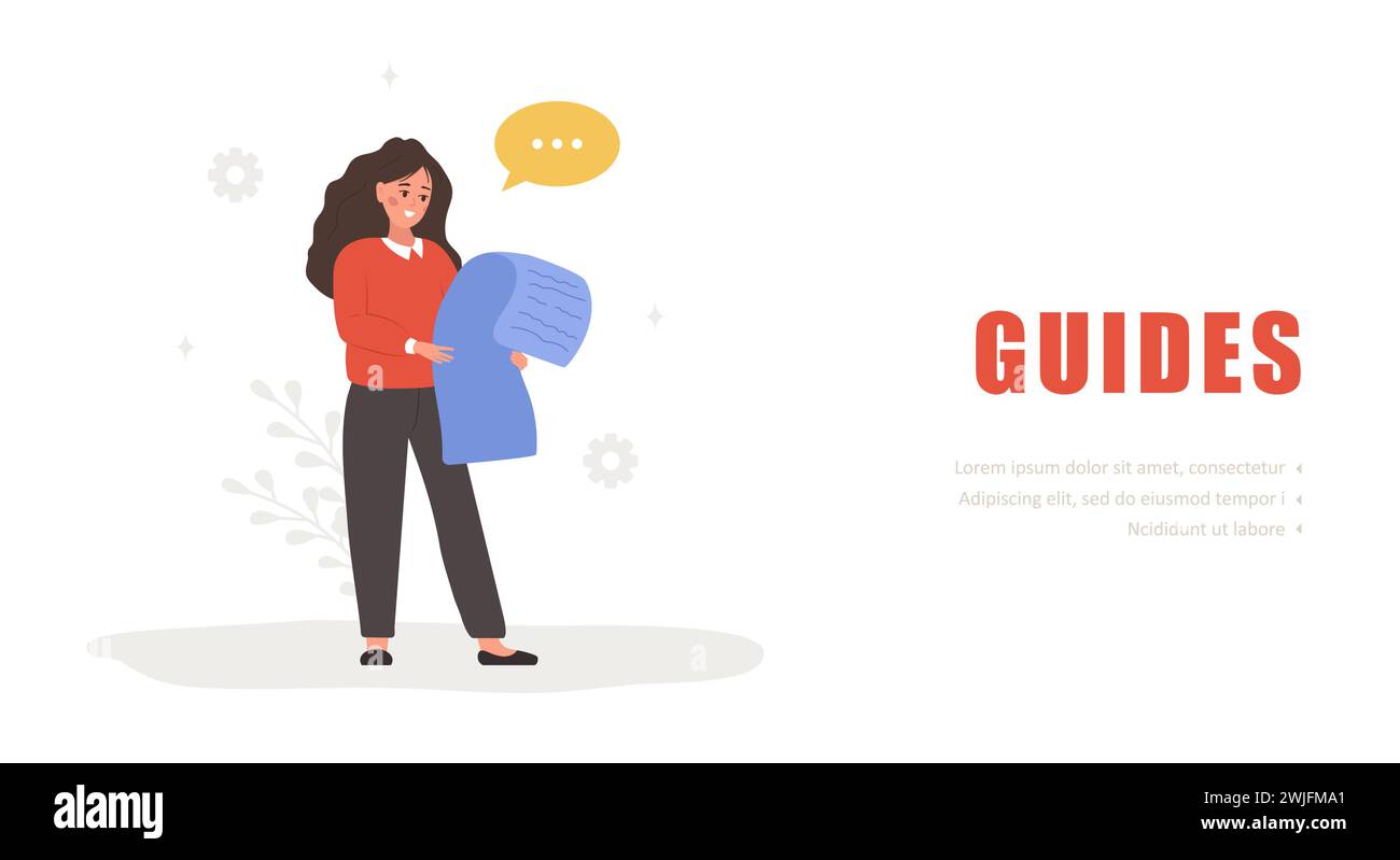Guides concept. Female character with user manual. Woman reading user ...
