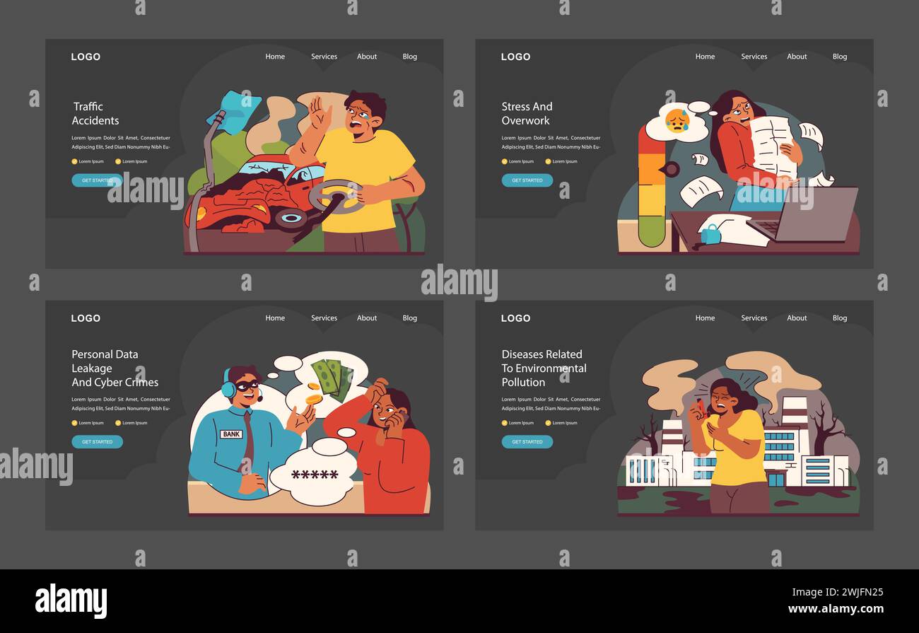 Everyday hardships set. Depictions of traffic chaos, work-related ...