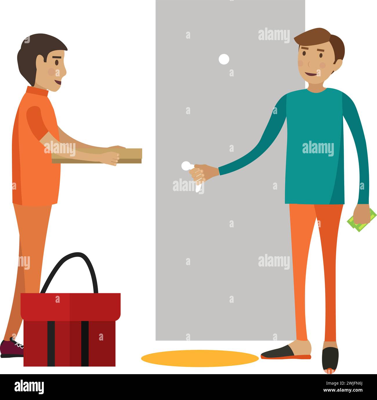 Customer paying for parcel or food order delivery vector icon isolated ...