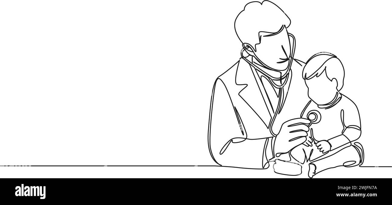 continuous single line drawing of pediatrician using stethoscope on ...