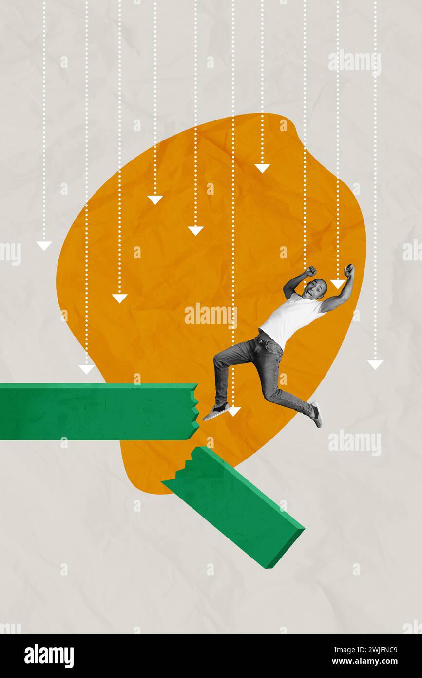 Creative poster collage of broken crack scared man bankrupt fall down ...