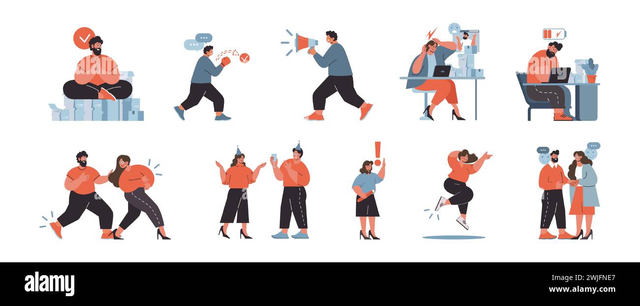 Workplace dynamics set. Business individuals in various scenarios ...