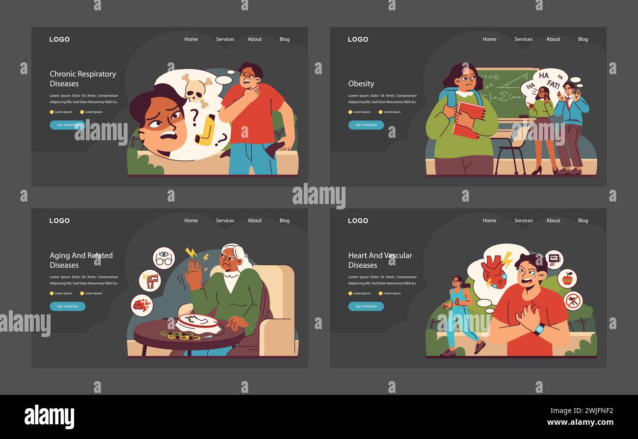 Health Awareness set. Illustrating struggles with respiratory, obesity, heart diseases, and ...