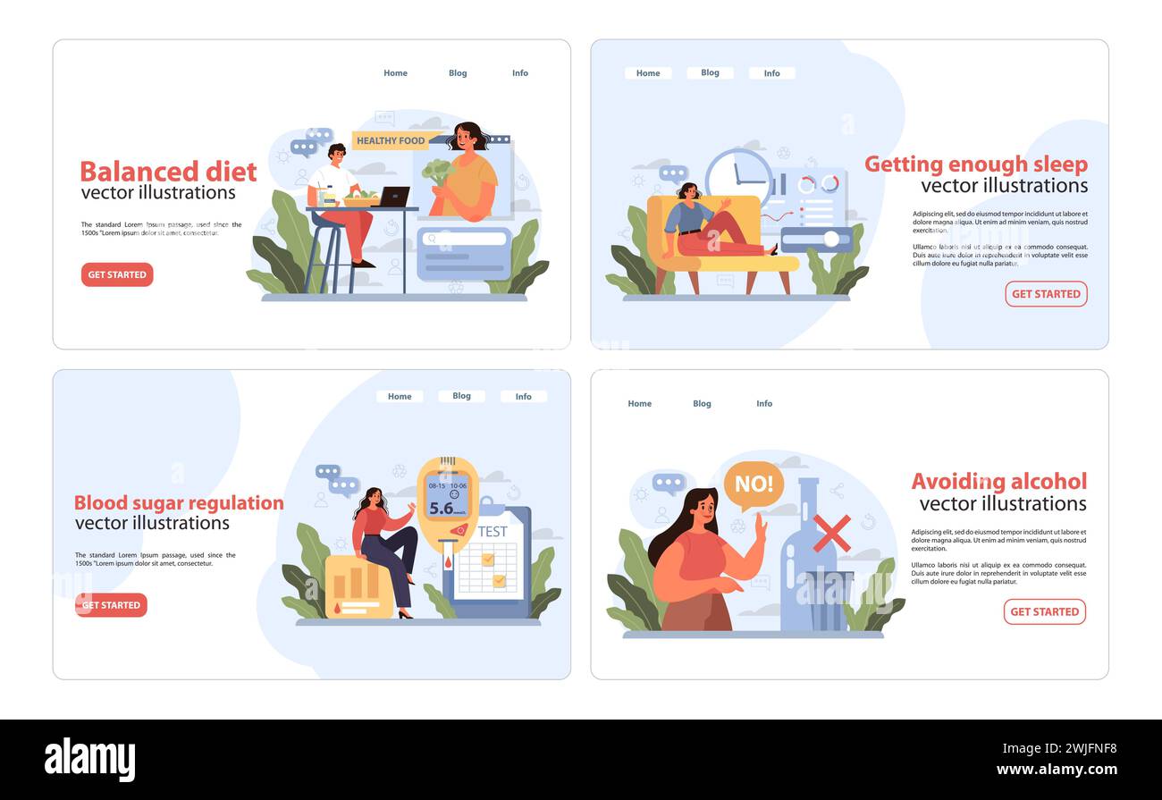 Healthy Life guide set. Vibrant illustrations promoting balanced eating ...