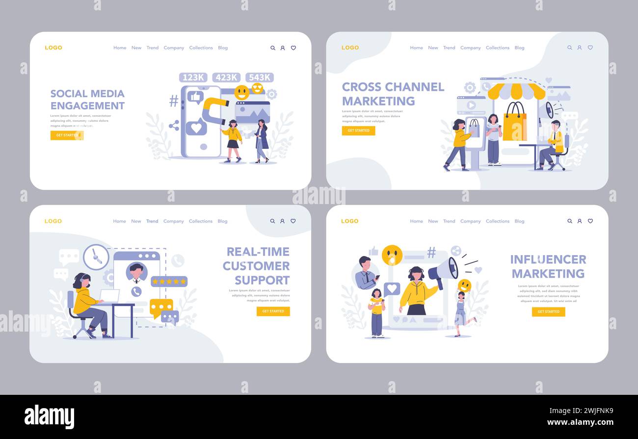 Customer Interaction in marketing web or landing page set. Illustrating ...