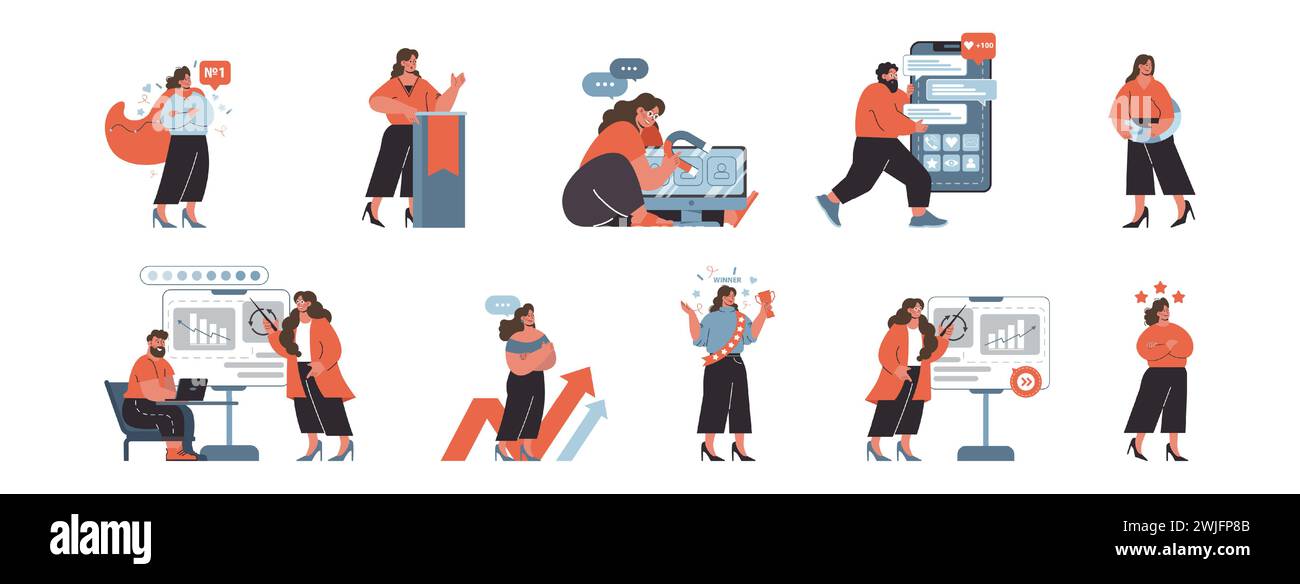 Achievement and analytics set. Business professionals engaged in ...