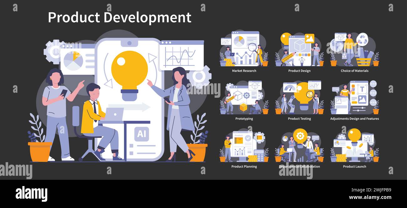 Product development night or dark mode set. Stages from idea to market in detailed scenes ...