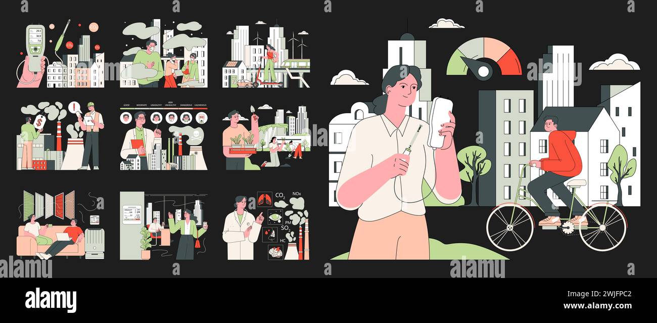 Air quality awareness set. Air quality index and pollution monitoring ...