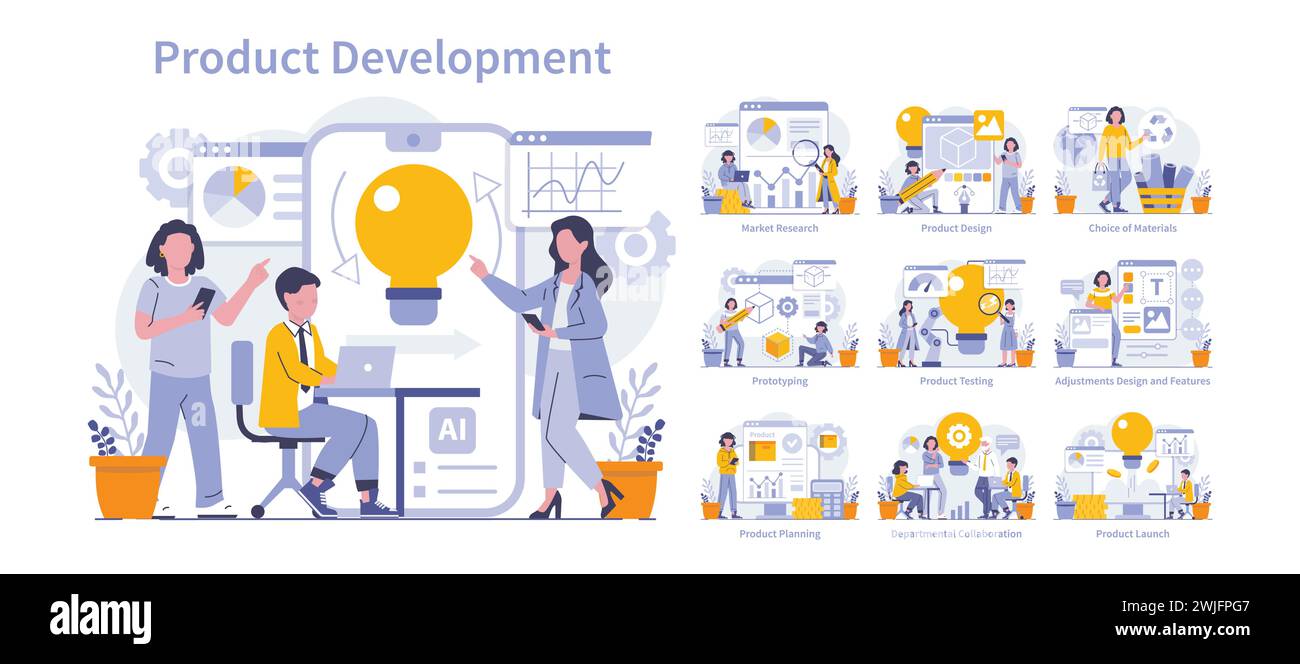 Product development set. Stages from idea to market in detailed scenes ...