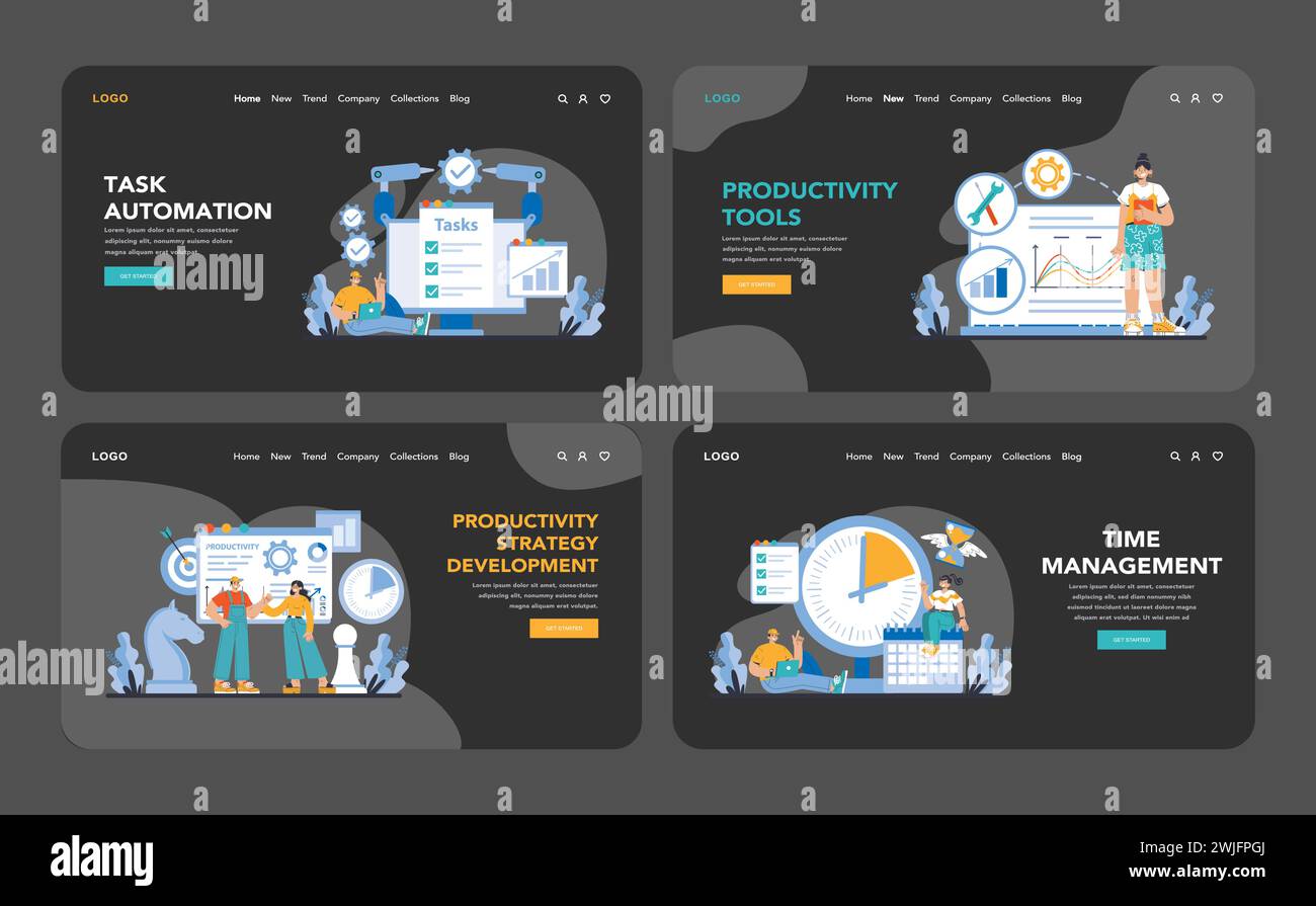 Productivity boosting night or dark mode web or landing page set ... Productivity boosting night or dark mode web or landing page set ...