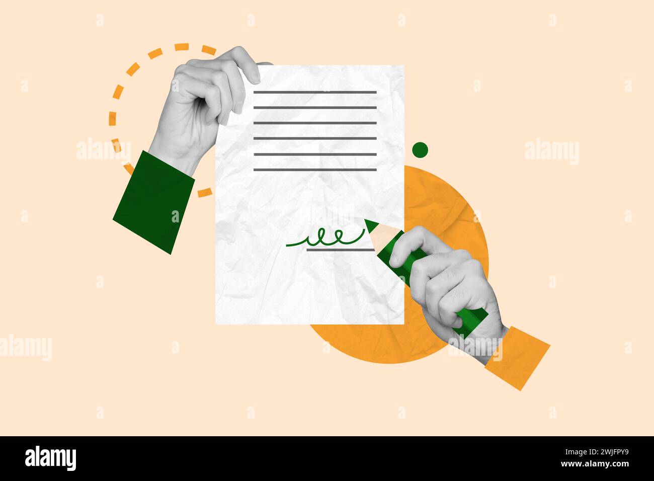 Picture artwork collage of arms hold paper signed document isolated on ...