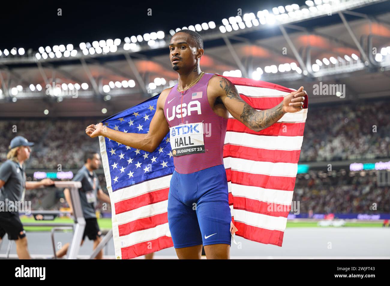 Quincy HALL celebrating his medal with the flag in the Budapest 2023 ...