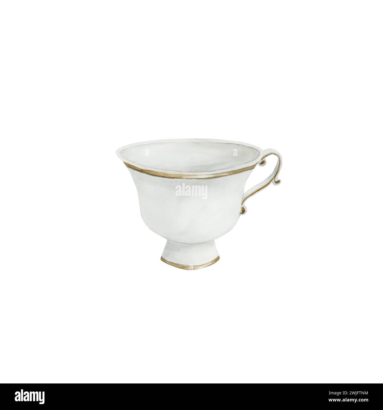White porcelain tea cup with gilded rim, Victorian style. Watercolor ...