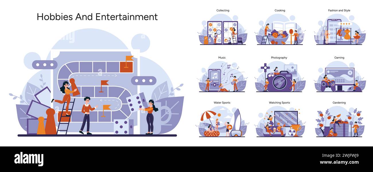 Hobbies set. Everyday leisure activities and passions showcased in ...