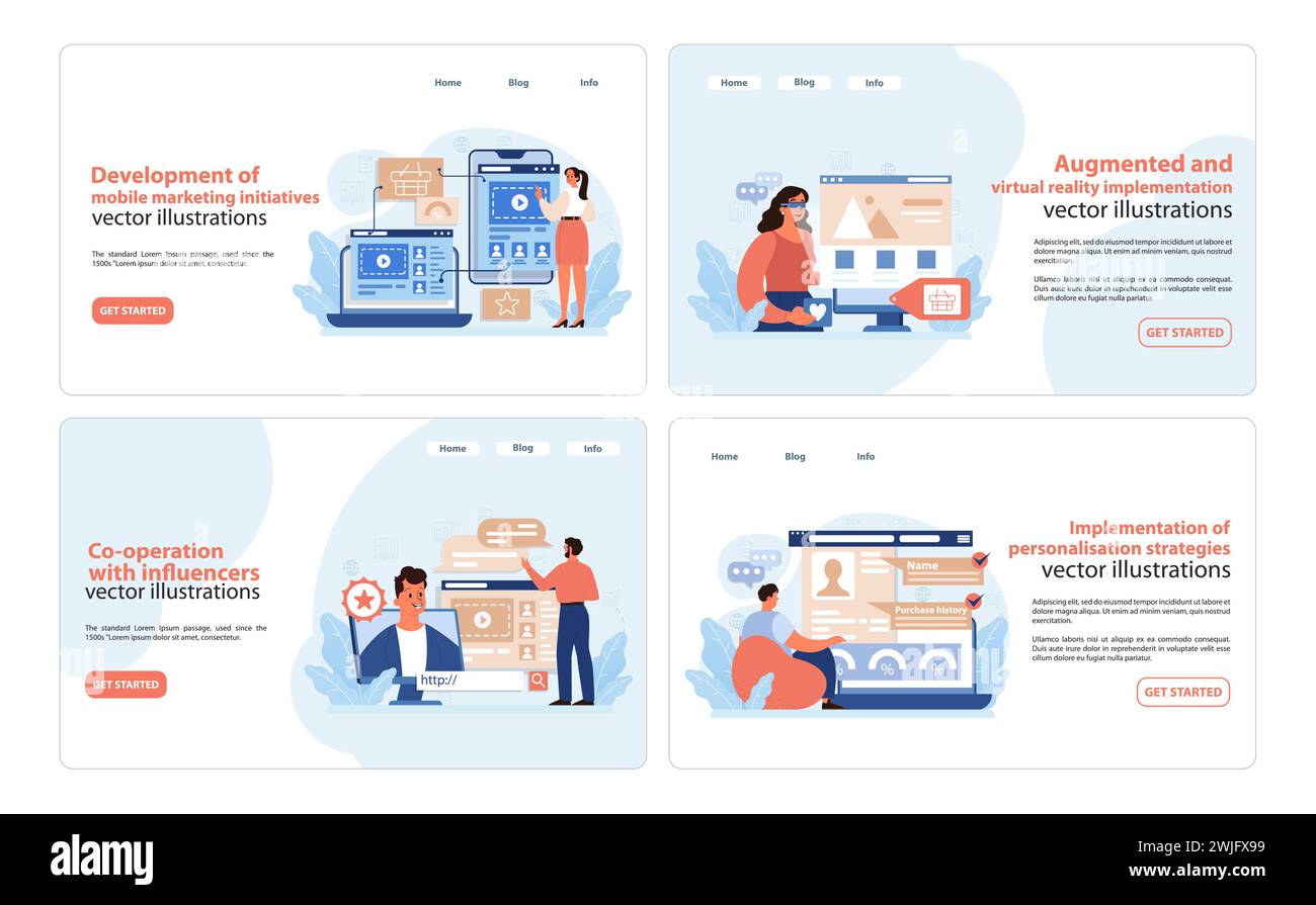 Digital Marketing Strategy Set. Detailed vector illustrations depicting ...