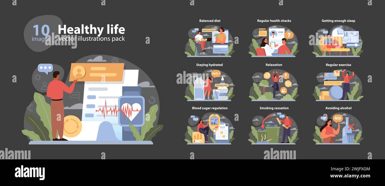 Healthy Life set. A compilation showcasing habits for wellness ...