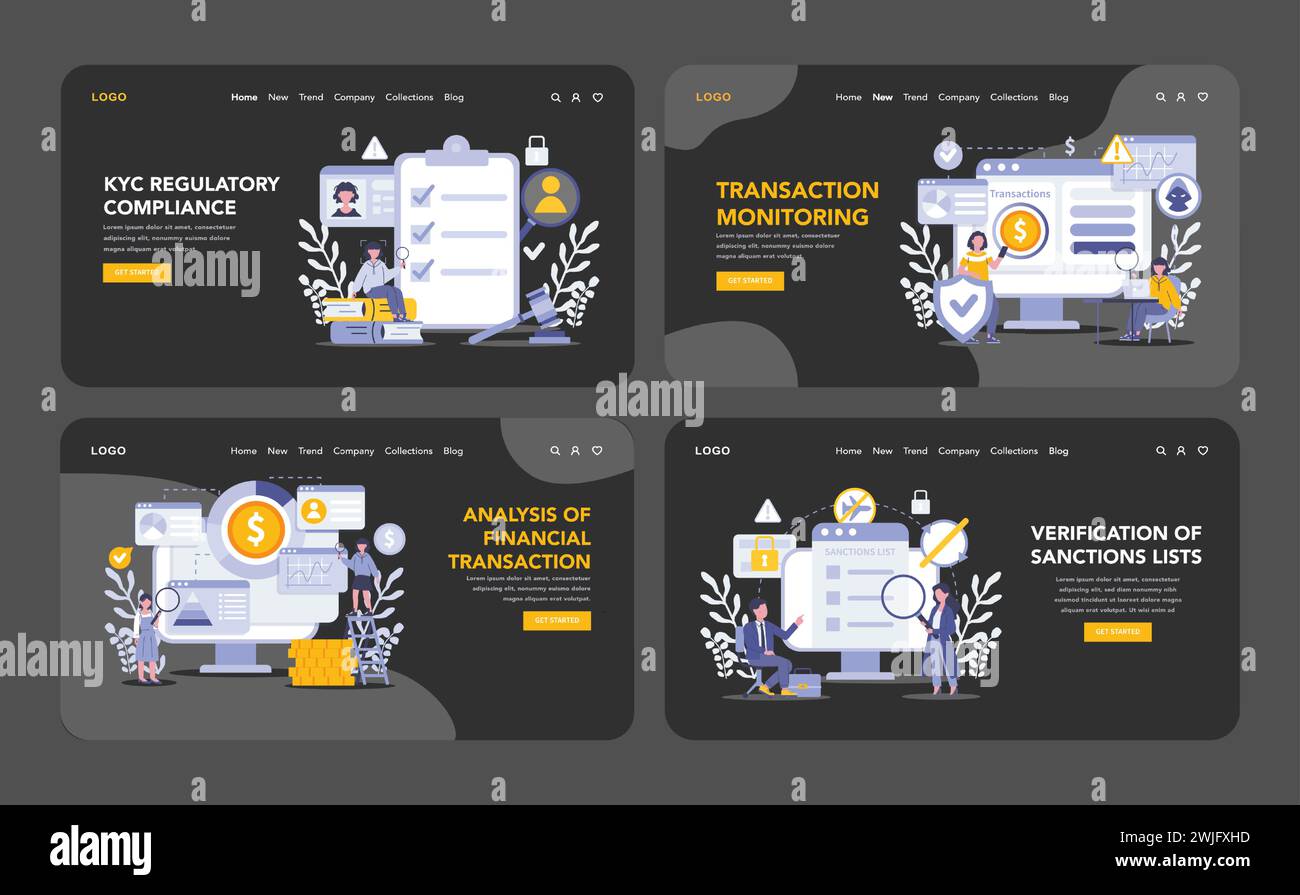 KYC night or dark mode web or landing page set. Illustrations depict ...