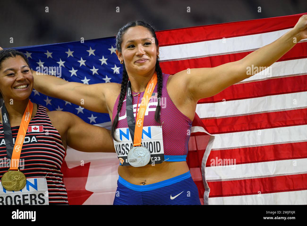 Janee' KASSANAVOID celebrating his medal with the flag in the Budapest ...
