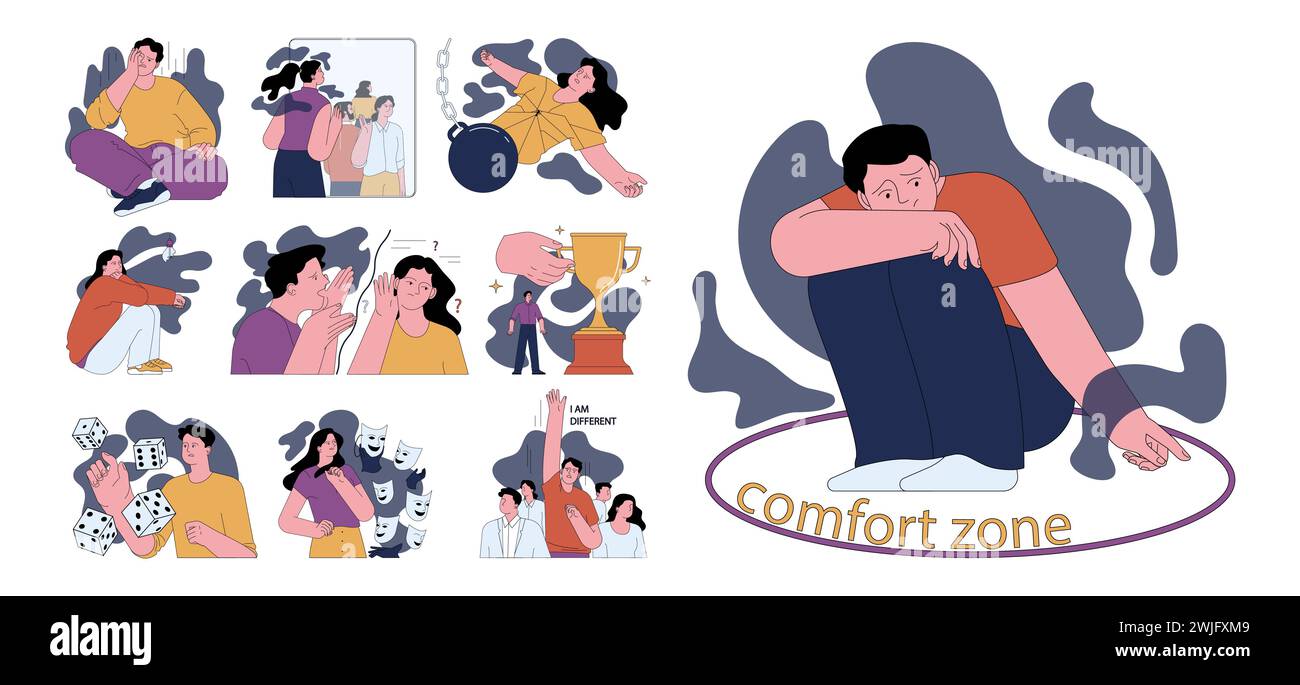 Human fears set. Scared characters confronting personal emotional and ...