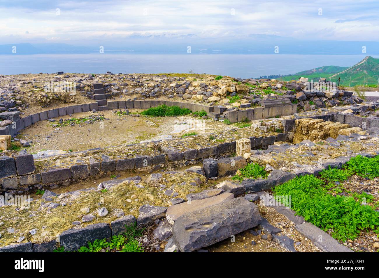 View of the antient ruins in Sussita (Hippos) National Park, with the ...