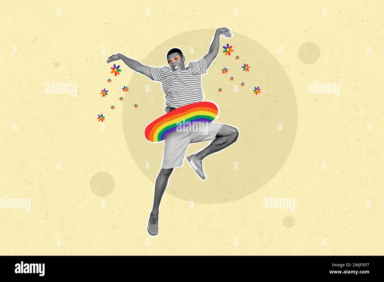 Photo banner collage of transgender funny guy jumping swimming pool ...