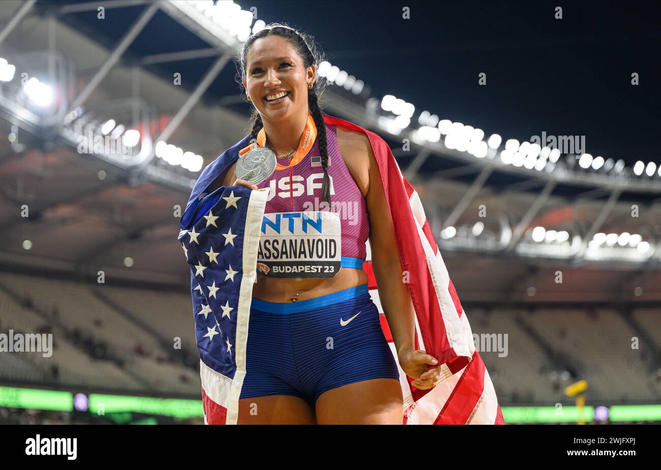 Janee' KASSANAVOID celebrating his medal with the flag in the Budapest ...